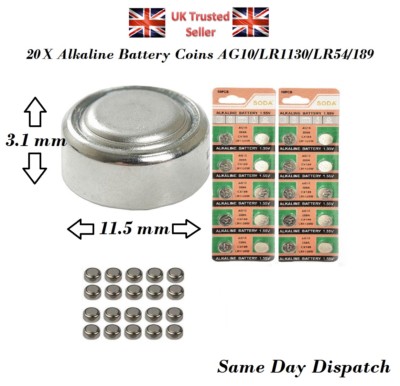 20 X pcs AG10 GP189 SR54 LR1130 L1131 1.5V Alkaline Button Cell Battery ...