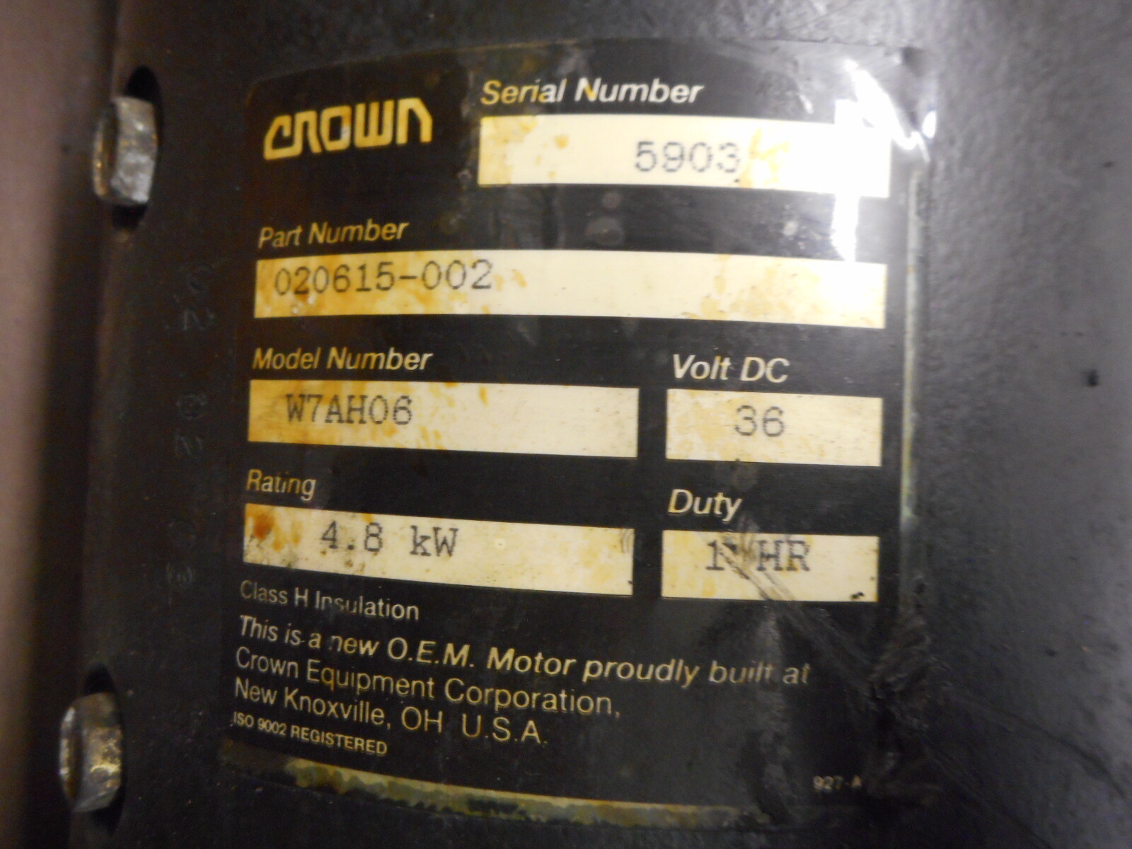 Crown Forklift RR5200-45 Electric Drive Motor 36V P/N 020615-002 Model ...