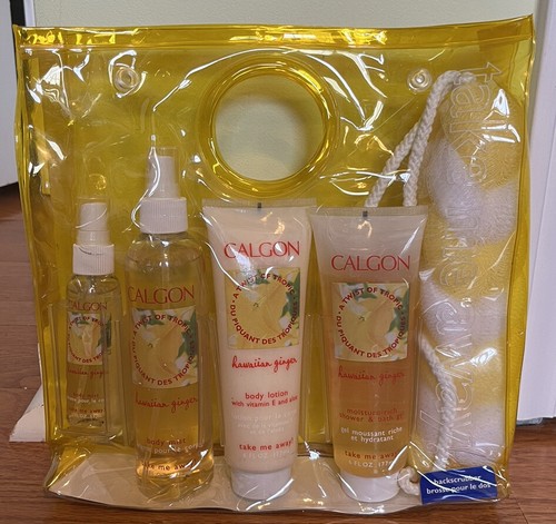 CALGON Hawaiian Ginger 5 Pc Gift Set Vtg yellow case body mist lotion ...