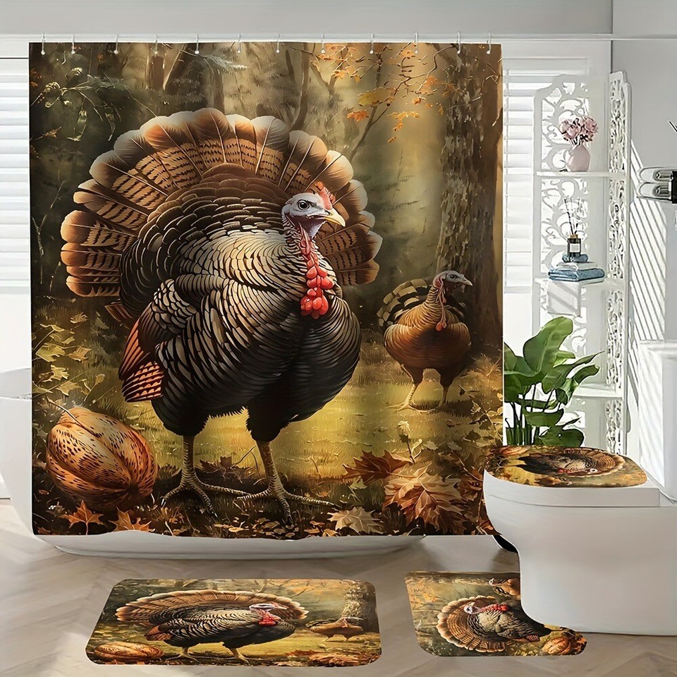 Giant Turkey Art Shower Curtain Toilet Lid Cover Bath Mat Rug | eBay