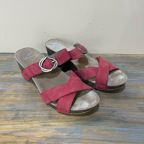 Dansko Susie Strappy Wedge Slip On Sandals Red Leather Comfort Womens ...