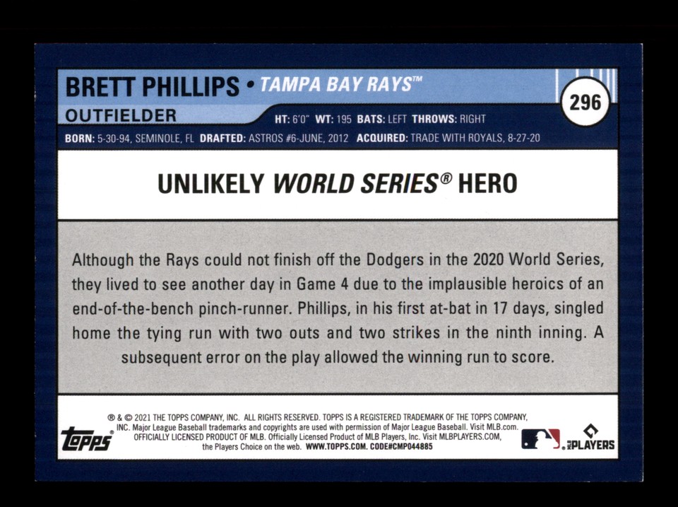 2021 Topps Big League #296 Brett Phillips Tampa Bay Rays | eBay