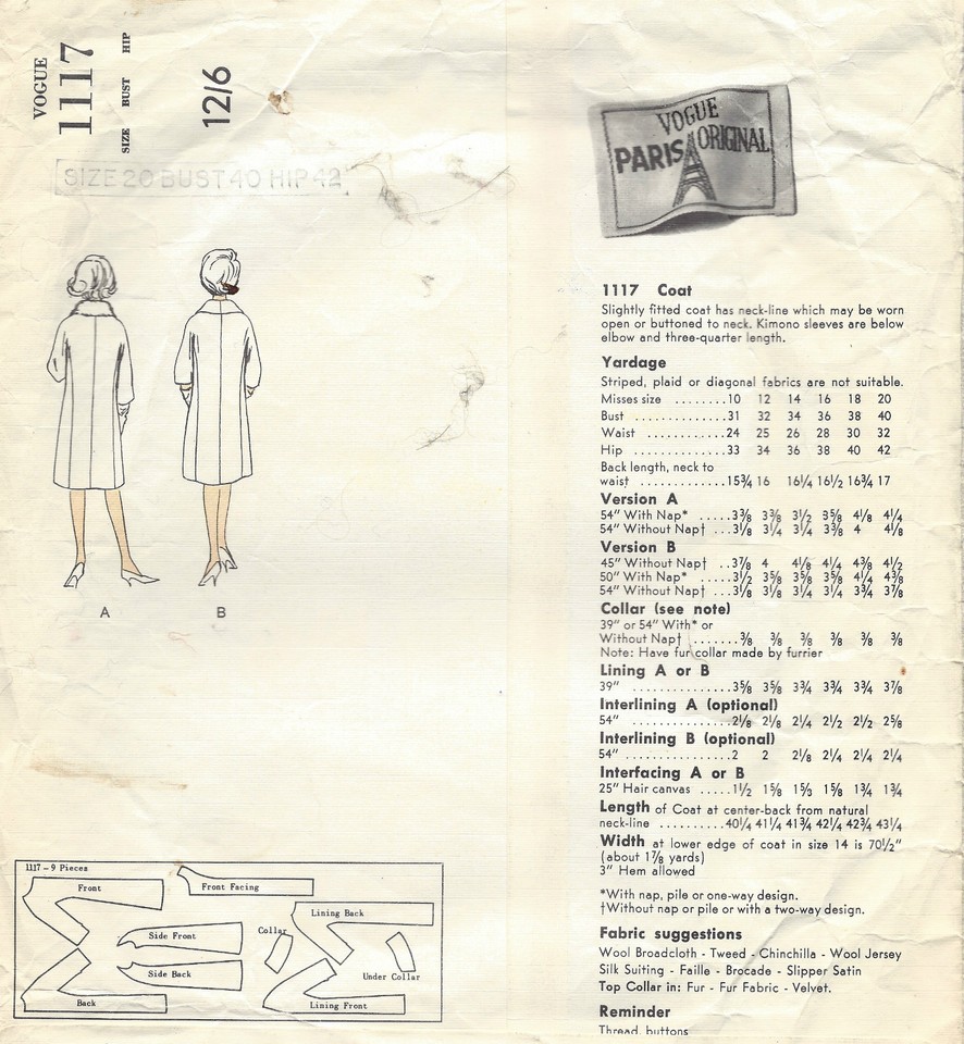 1961 Vintage VOGUE Sewing Pattern B40 COAT (1342) By JEAN DESSES | eBay