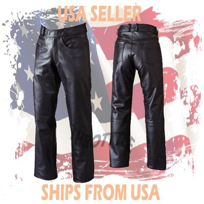 Men's Double Snaps Cow Leather Motorcycle Pant Biker Street Riding ...