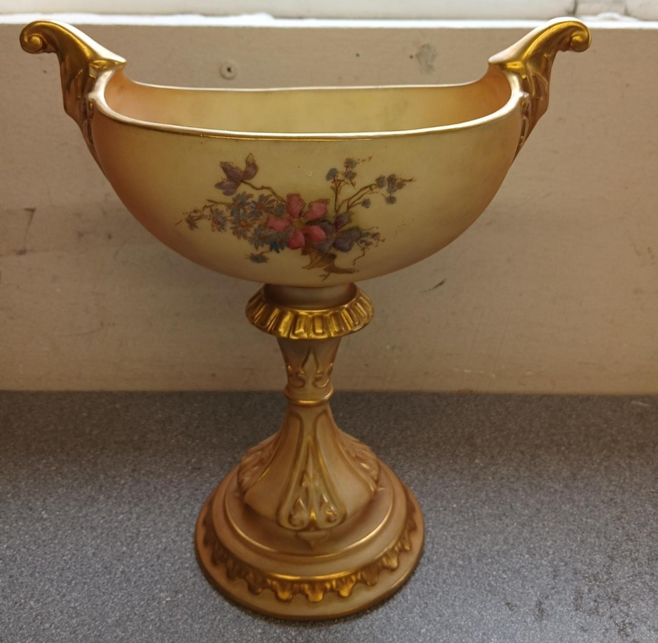 Antique Royal Worcester Porcelain Pedestal Bowl Floral Gilt Handles ...