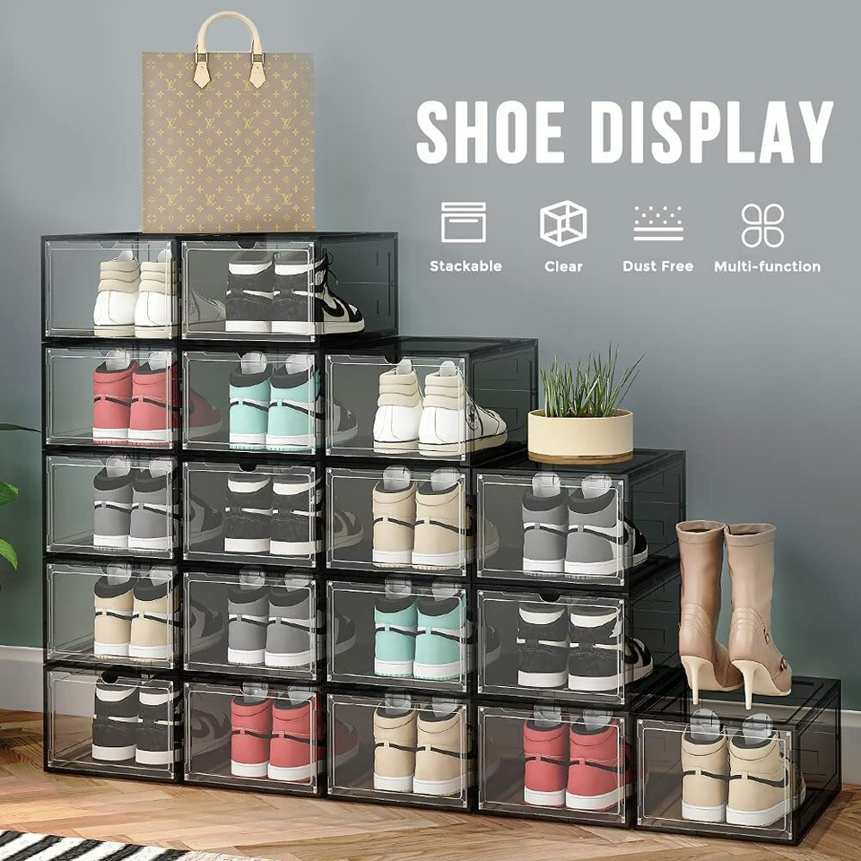 12 Clear Shoe Boxes Magnetic Drop Front Sneaker Rack Storage Organizer ...
