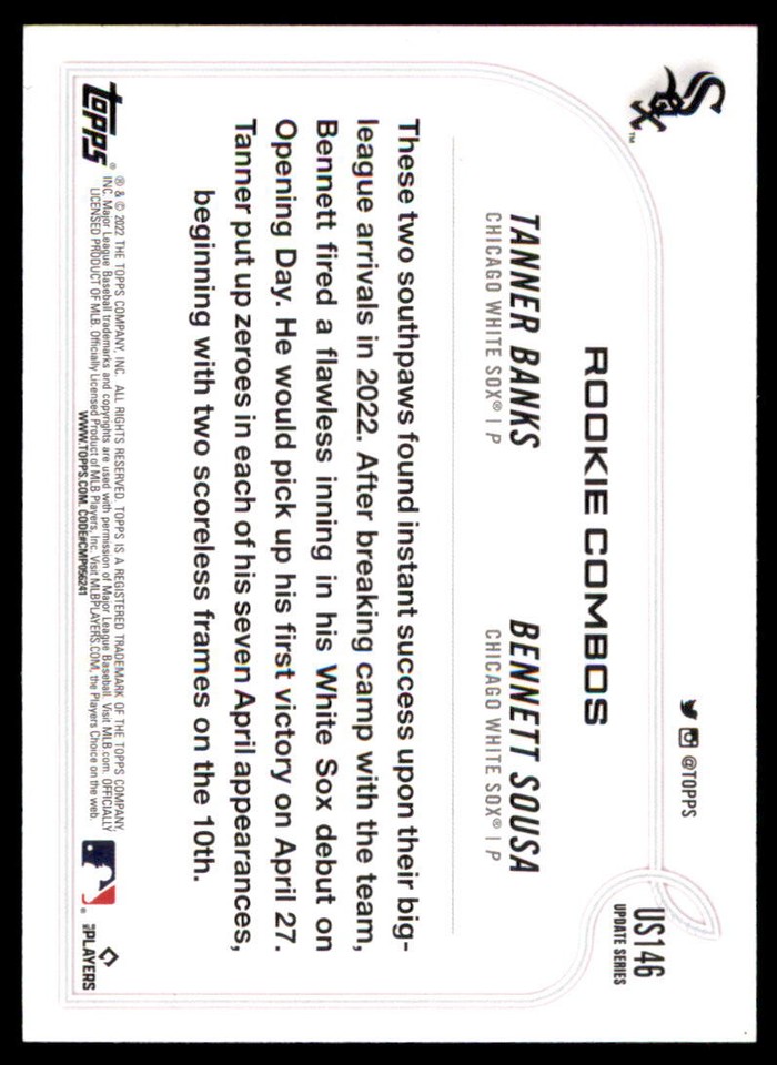 2022 Topps Update Tanner Banks / Bennett Sousa Chicago White Sox #US146 ...