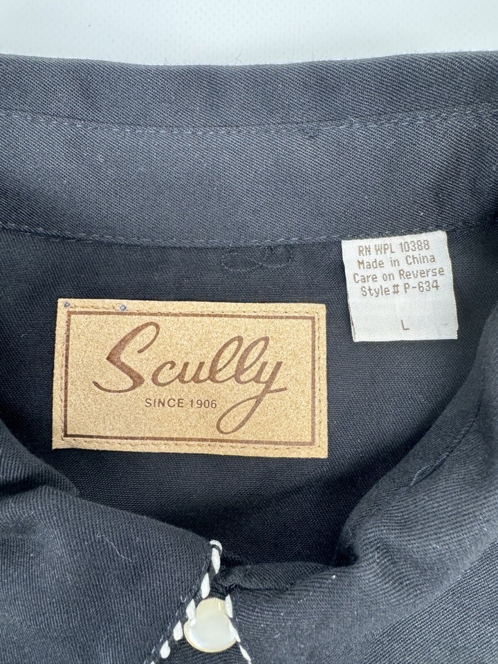 Scully Gunfighter Western Shirt Mens L Silver on Black Pearl Snap Smile ...