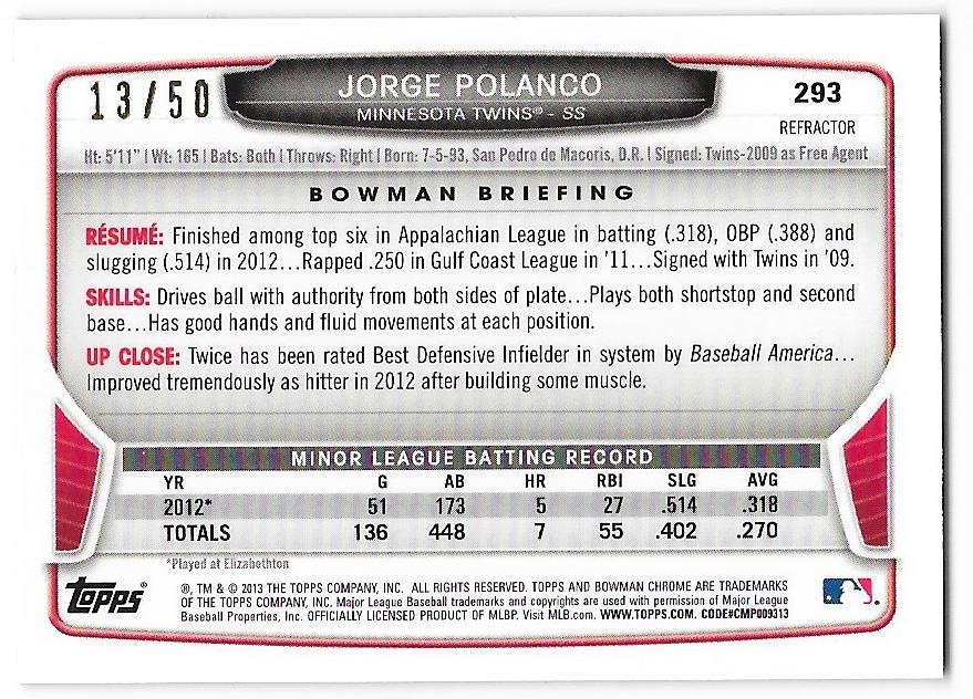 2013 Bowman Chrome Jorge Polanco 13/75 Mini Gold Refractor #293 | eBay