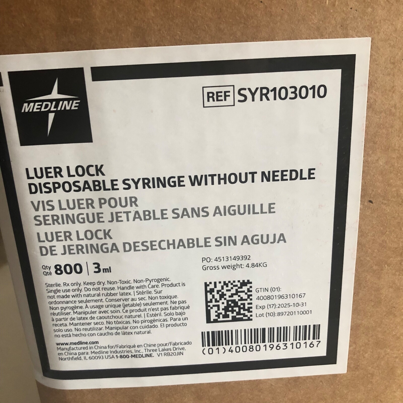 100 / 800 - Medline Sterile Luer Lock Syringe 3ml No Needle 3cc Exp Oct ...
