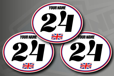3 X Retro Oval Race Number Stickers - Custom Name, Flag - Vinyl Decals ...