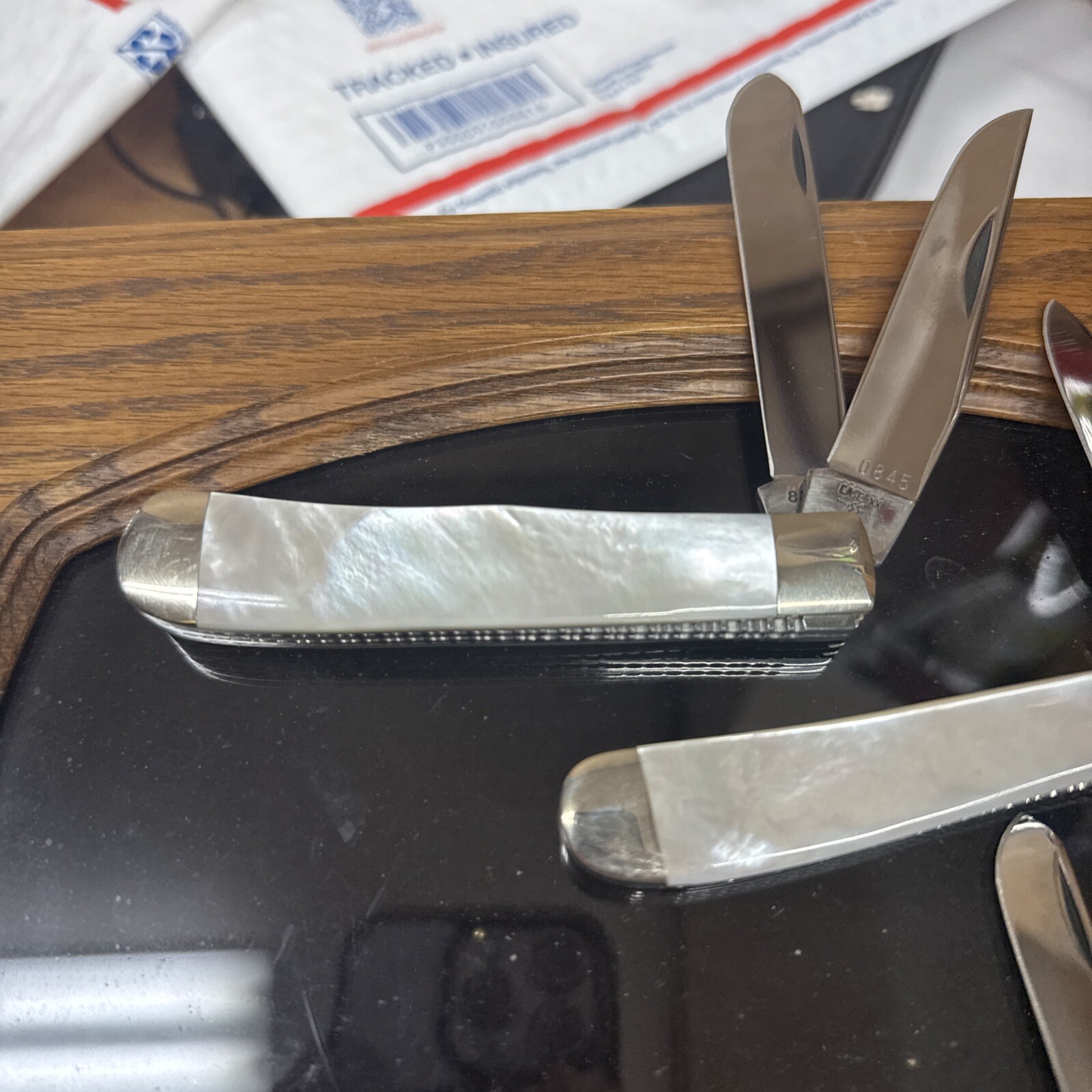 1982 CASE XX Genuine Mother of Pearl Set oak display trapper, mini ...