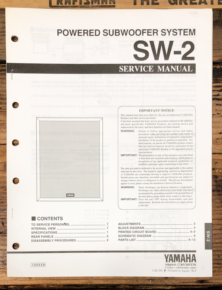 Yamaha SW-2 Subwoofer Service Manual *Original* | eBay