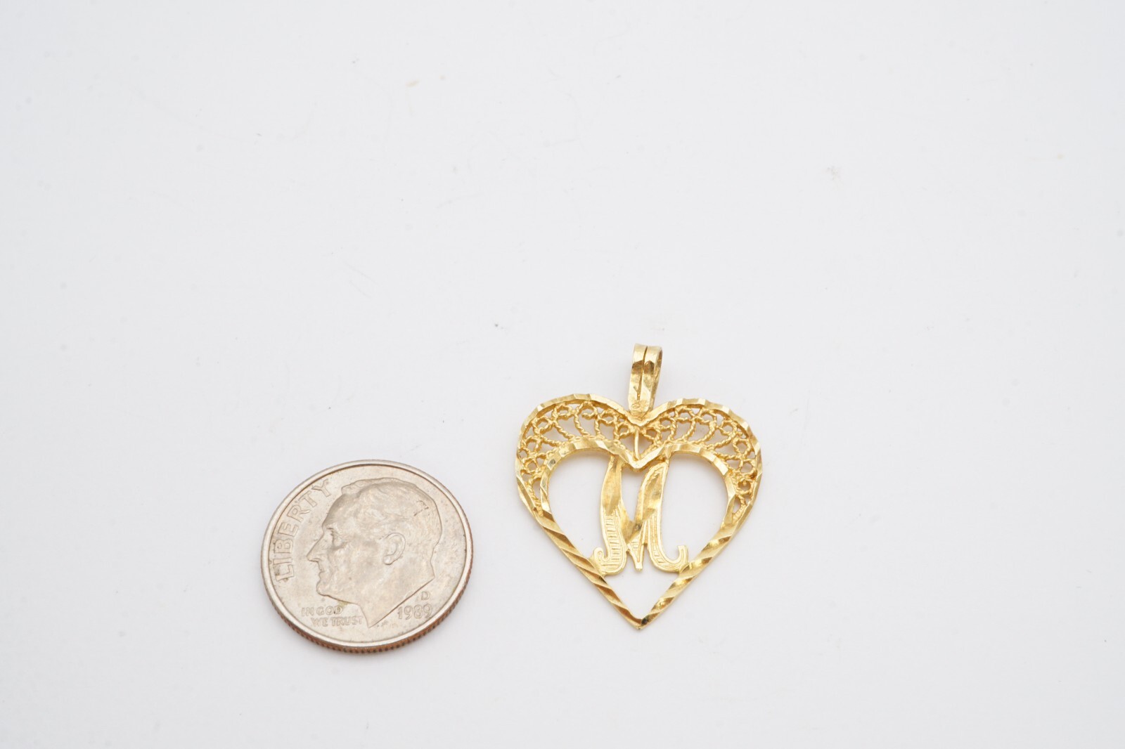 10k Yellow Gold Letter M Filigree Heart Pendant - Gem