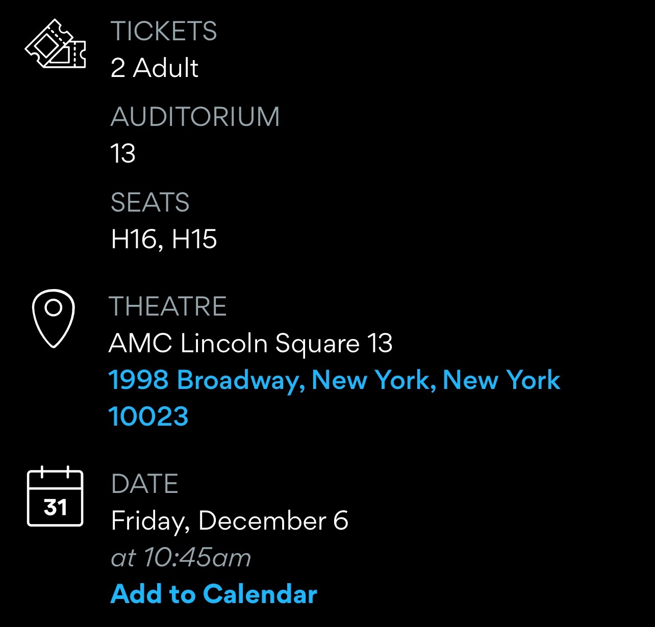 TWO Interstellar Ticket 70mm IMAX Fri 12/6 @ 10:45AM AMC Lincoln Square ...