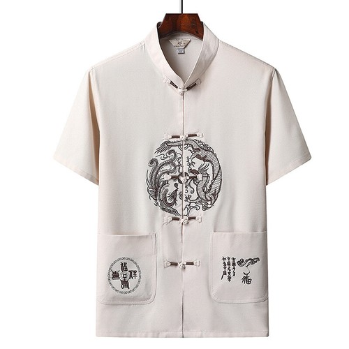 Men Chinese Tang Suit Shirt Embroidery Dragon Short Sleeve Mandarin ...