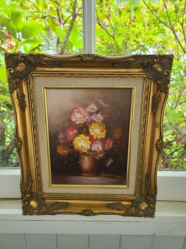 Signed Robert Cox Flowers in Vase Still Life Oil Painting Gold Wood ...