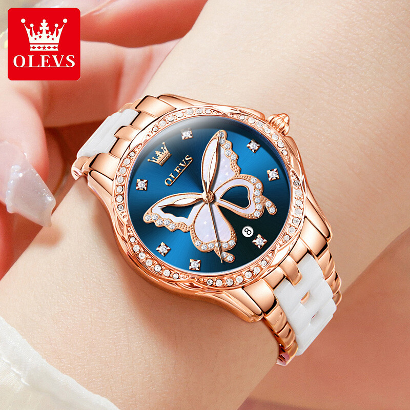 OLEVS Woman Fashion Ceramics Band Gems Butterfly Day Quartz Wrist ...