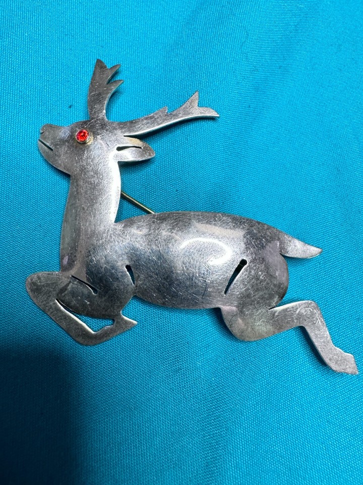 Mexico Silver Leaping Reindeer Turquoise Eye Stag Deer Buck Pin/Brooch ...