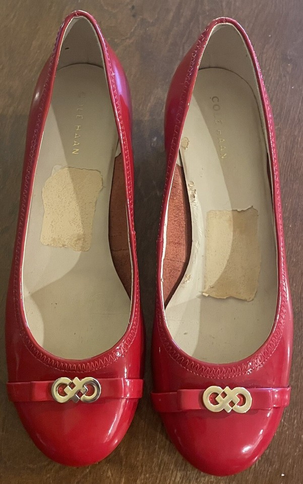 COLE HAAN Red Patent LEATHER with GOLD EMBLEM Wedge DRESS Shoes WOMEN’S ...
