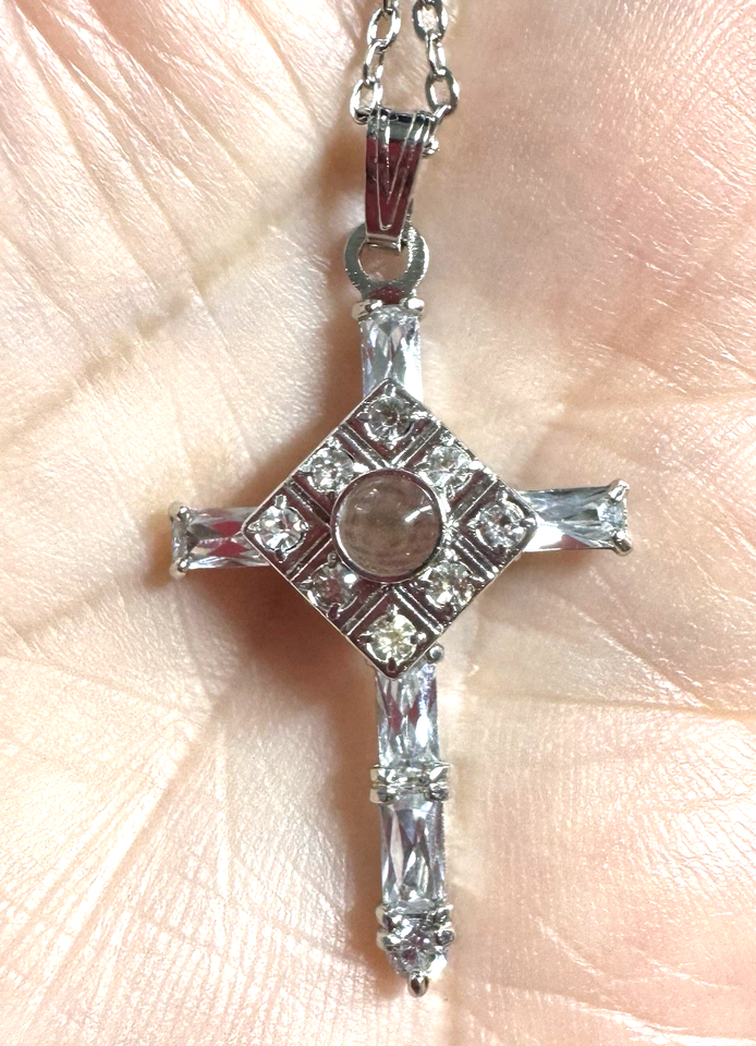 Vintage, Silver Tone, Clear Baguettes Religious Cross Pendant Necklace ...