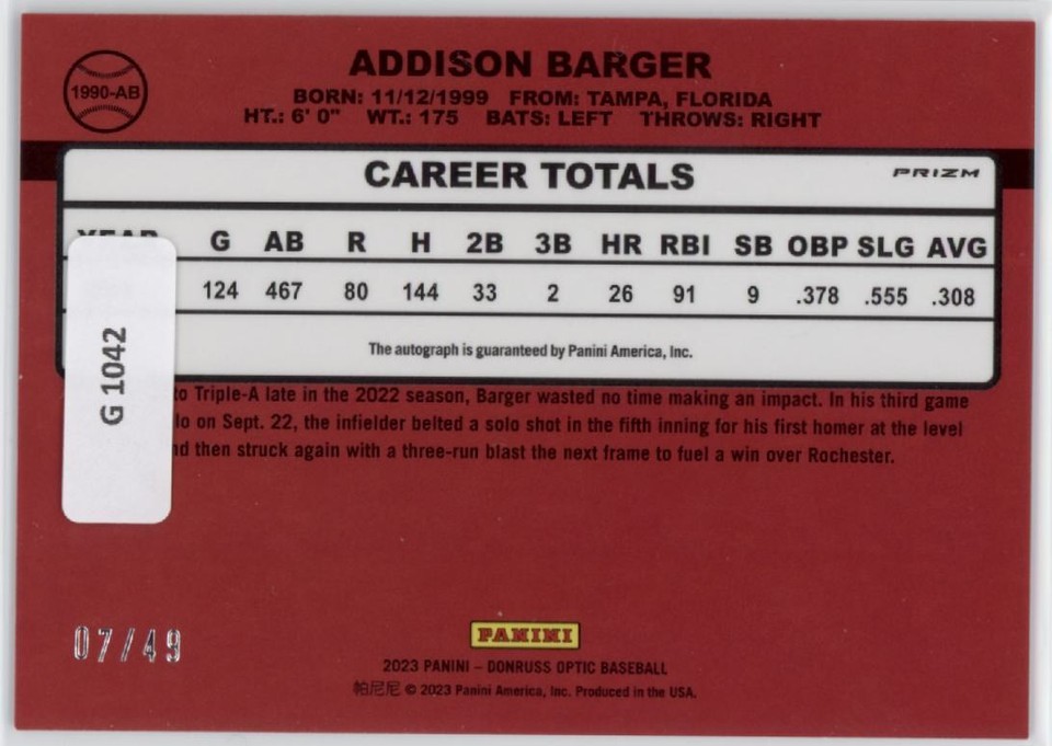 2023 Addison Barger Optic Retro 1990 Red Mojo Prizm Auto /49 #1990-AB ...