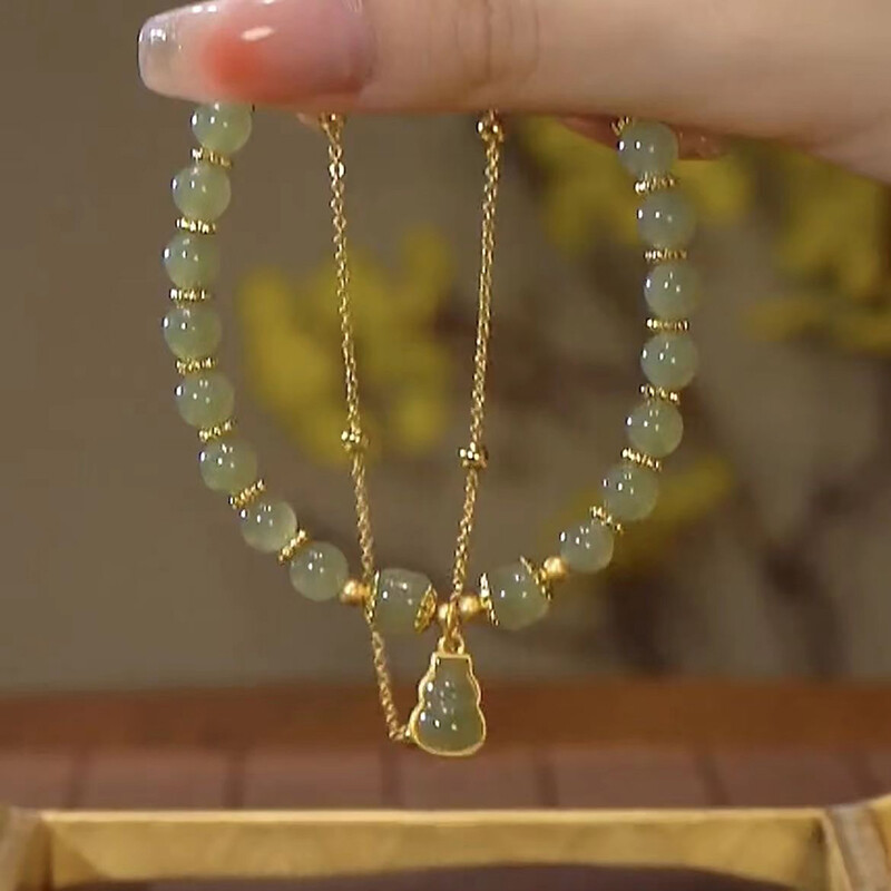 Imitation Jade Beaded Bracelet Double Layer Chain Lucky Gourd Pendant ...