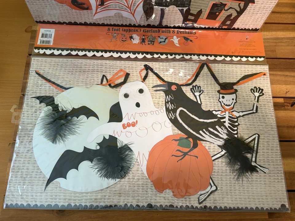 TWO Meri Meri Halloween 8' Garland w/Lg Pennants Skeleton Witch Ghost ...