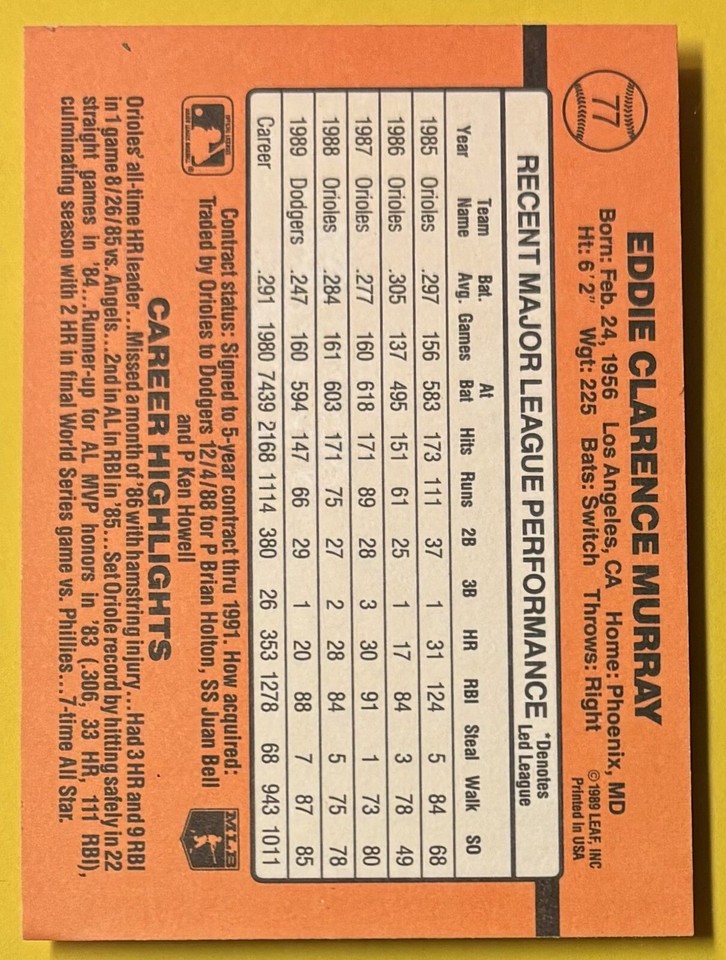 1990 Donruss Eddie Murray Error Card #77 No Period After INC CARD. NM-😊 ...