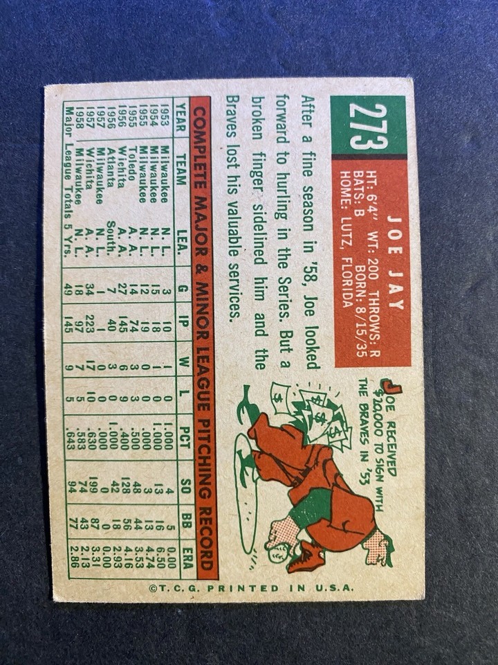 1959 Topps Baseball Joe Jay Milwaukee Braves White Back Card #273. | eBay