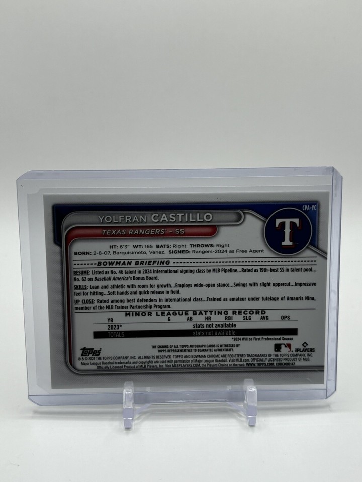 2024 Bowman Chrome Yolfran Castillo 1st Purple Refractor Auto /250 SP ...