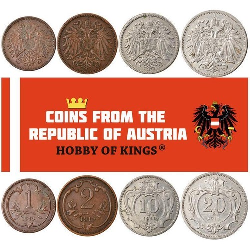 Austrian Empire | 4 Coin Set | 1 2 10 20 Heller | Art Nouveau | 1892 ...