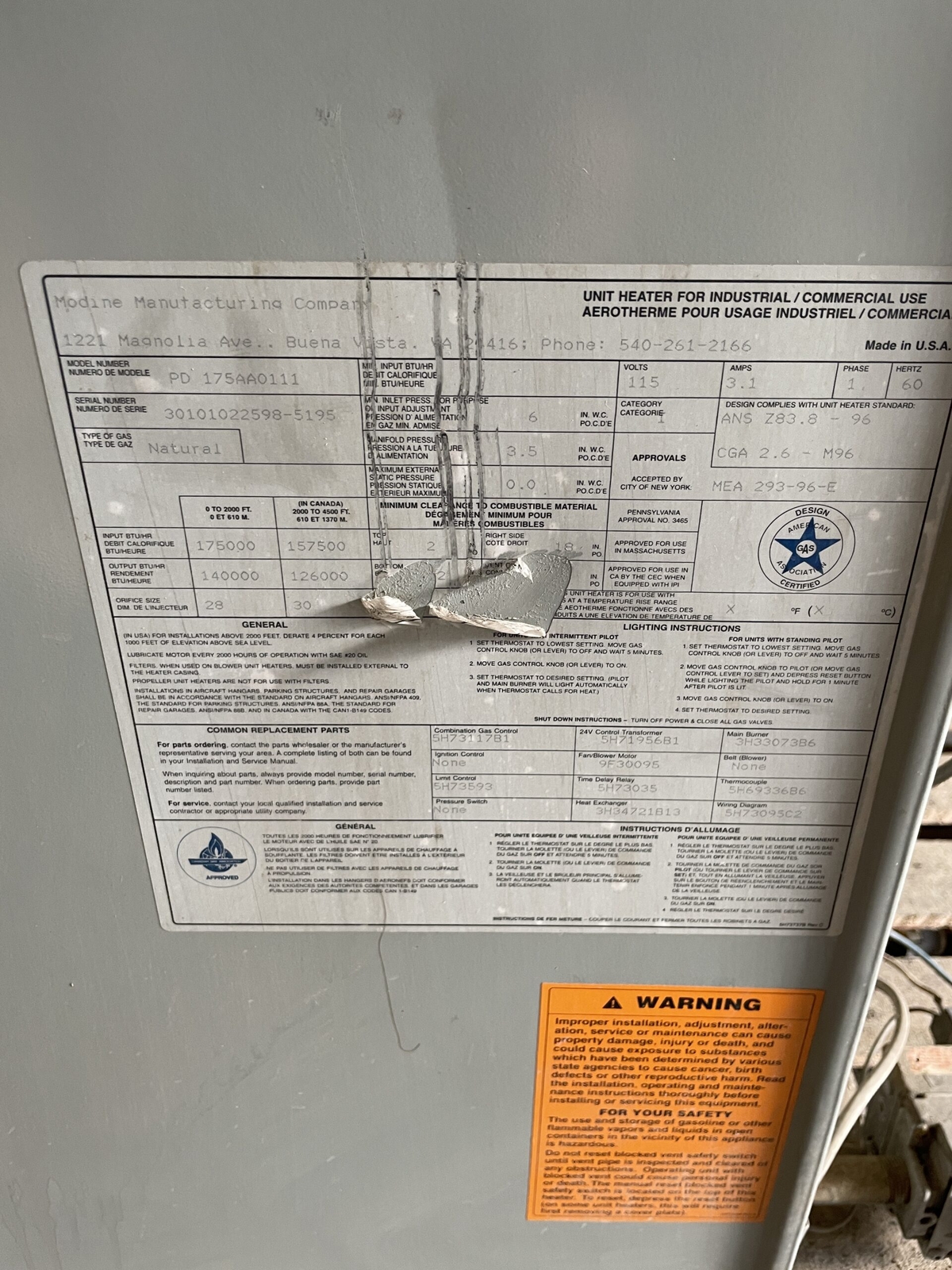 Modine PD 175AA0111 Natural Gas Unit Heater 175000/140000BTU 115V | eBay