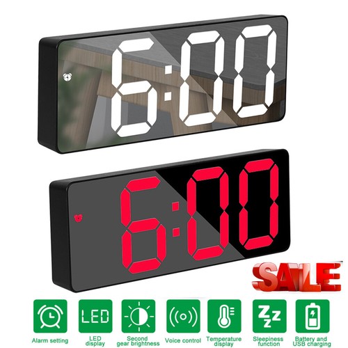 Digital LED Desk Alarm Clock Large Mirror Display USB Snooze ...