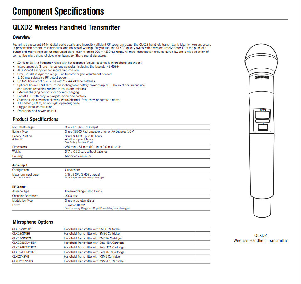 Shure QLX-D QLXD2 Handheld Wireless Transmitter with SM58 Capsule - G50 ...