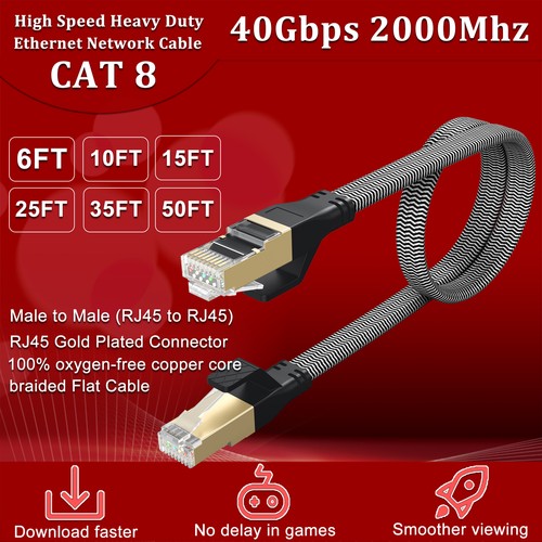 6FT-50FT flat Cat 8 Ethernet Cable Braided 40Gbps 2000Mhz CAT8 Network ...