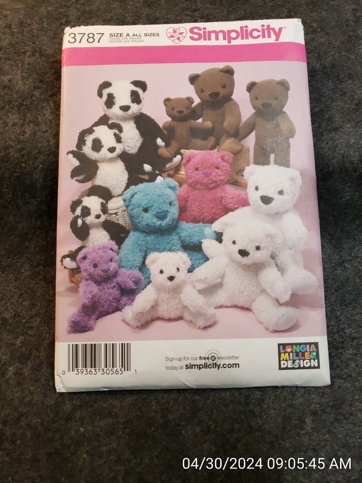 Teddy Bear Sewing Pattern Simplicity 3787 All Sizes Included Uncut ...