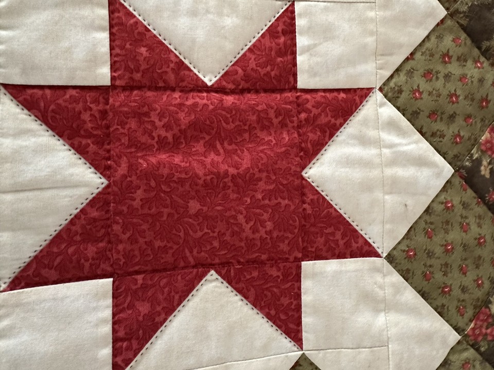 Three Star Table Runner, HAND Quilted, Red, Green, Brown 16” x 40” New ...