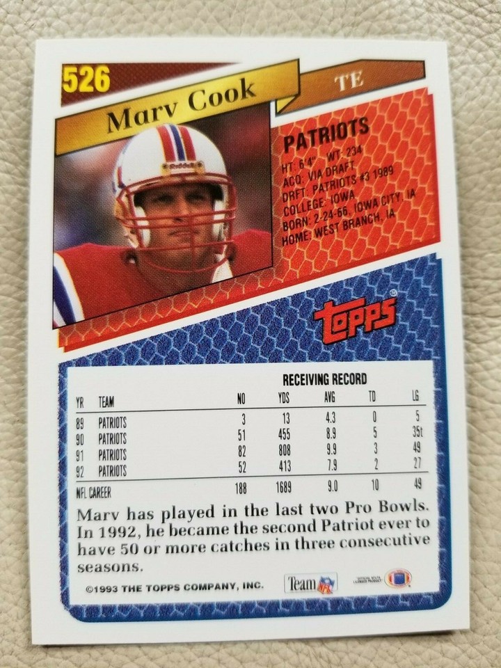 Marv Cook Tight End New England Patriots Topps 1993 | eBay