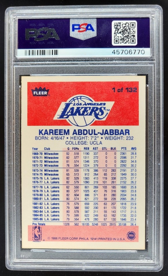 1986-87 Fleer Kareem Abdul-Jabbar #1 PSA 9 Los Angeles Lakers BS7 | eBay