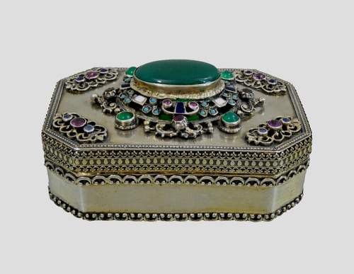 FINE ANTIQUE SILVER SNUFF / PILL BOX GEM-SET JEWELED SAPPHIRE TURQUOISE ...