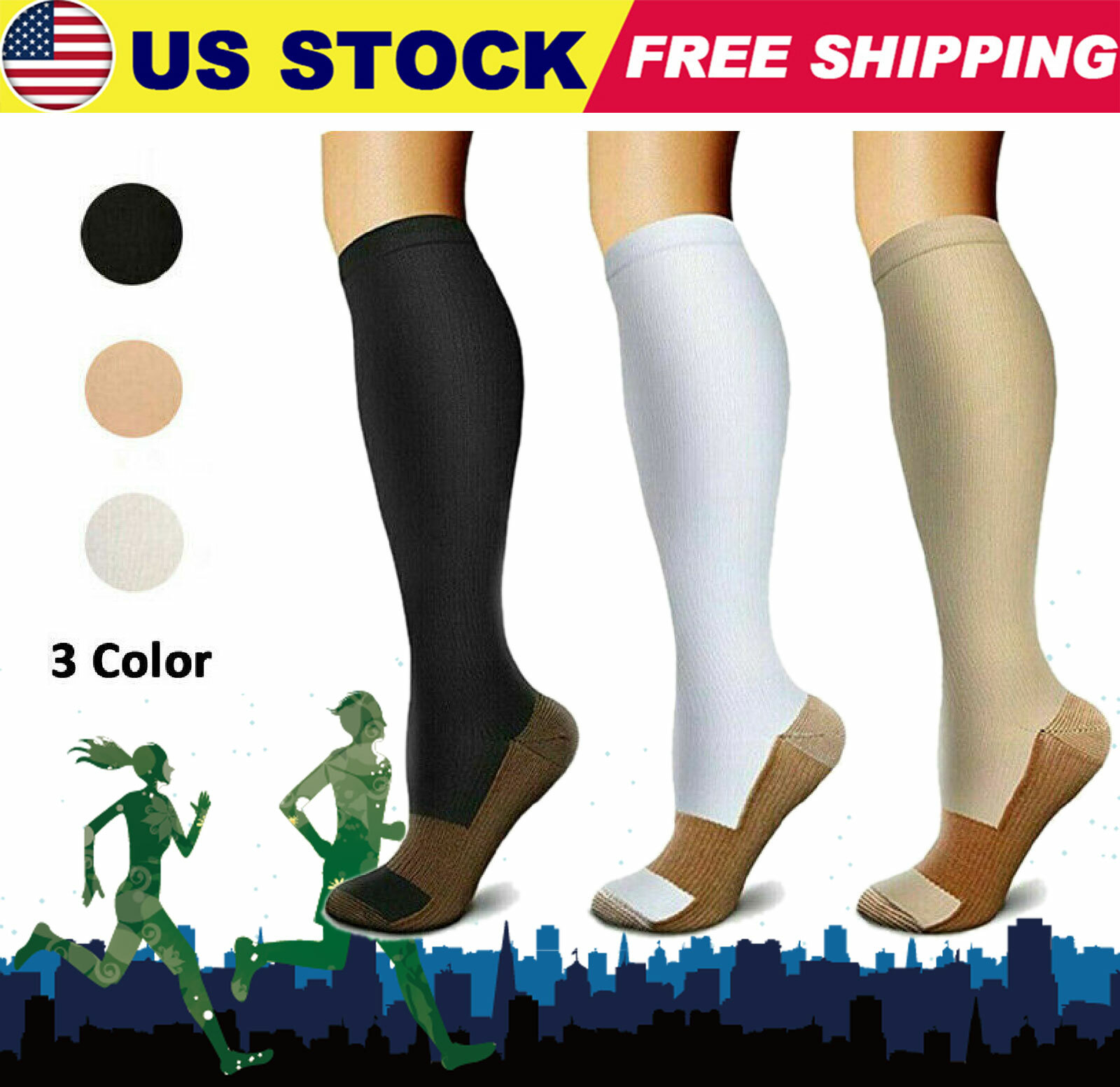 3pair Compression Socks Women Men 15-20Mmhg Extra Wide Calf Knee High ...