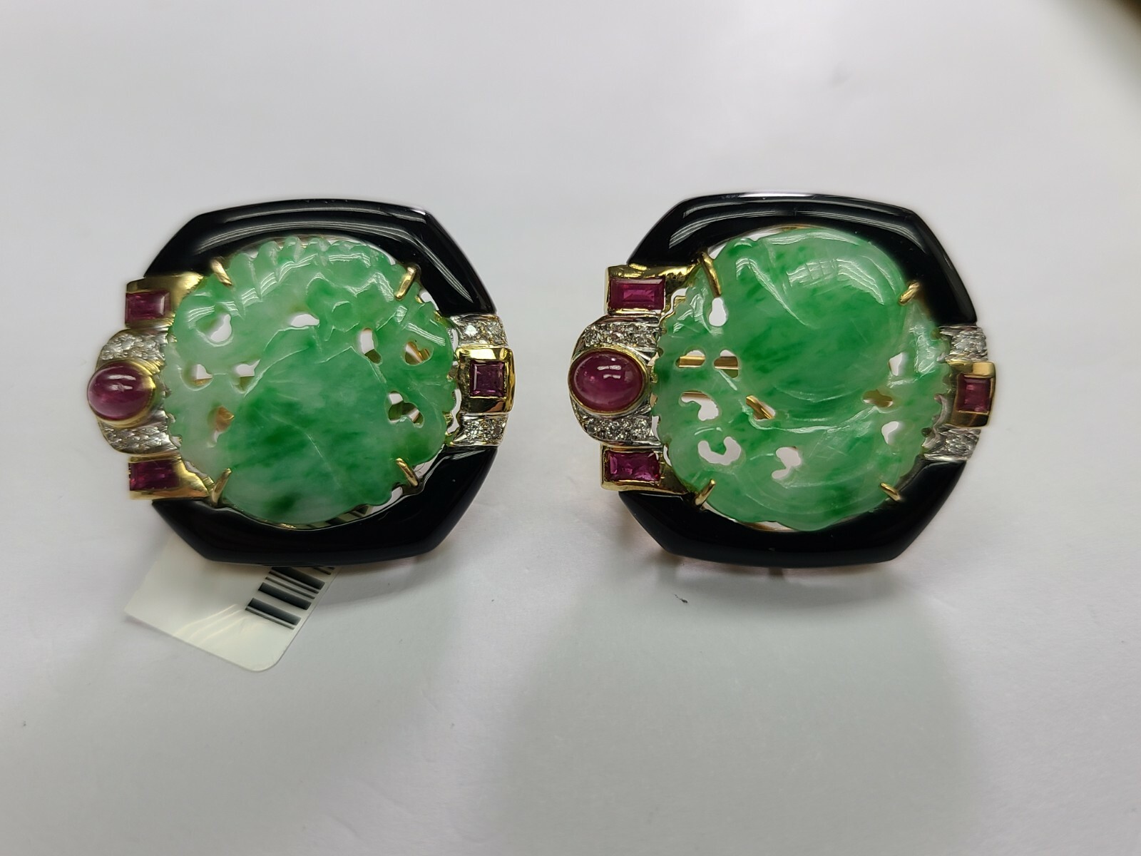 18k Jade Oynx And Ruby Diamond Estate Earrings - Gem