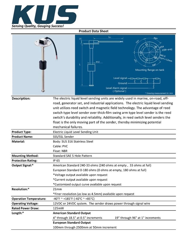 KUS 151330 SSS - 9 inch Single Station Sender Fuel Sender, Liquid Level ...