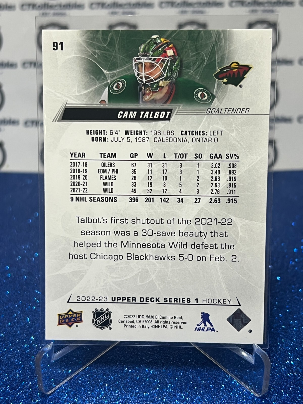 2022-23 UPPER DECK CAM TALBOT # 91 GOALTENDER MINNESOTA WILD HOCKEY ...