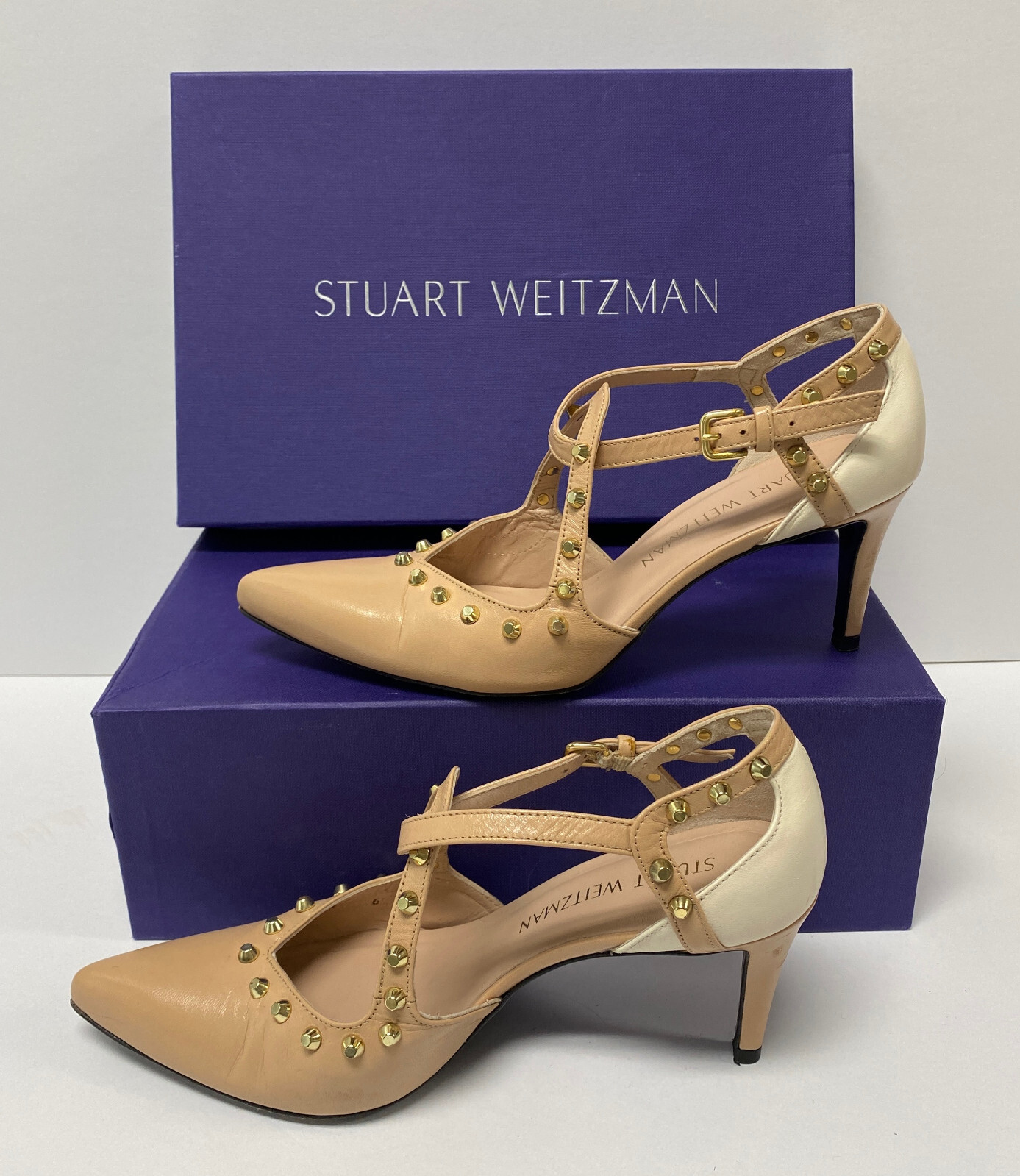 Stuart Weitzman Meteor Studded Leather Cream/Beige 3 Inch Heels TW62982 Size M6 | eBay