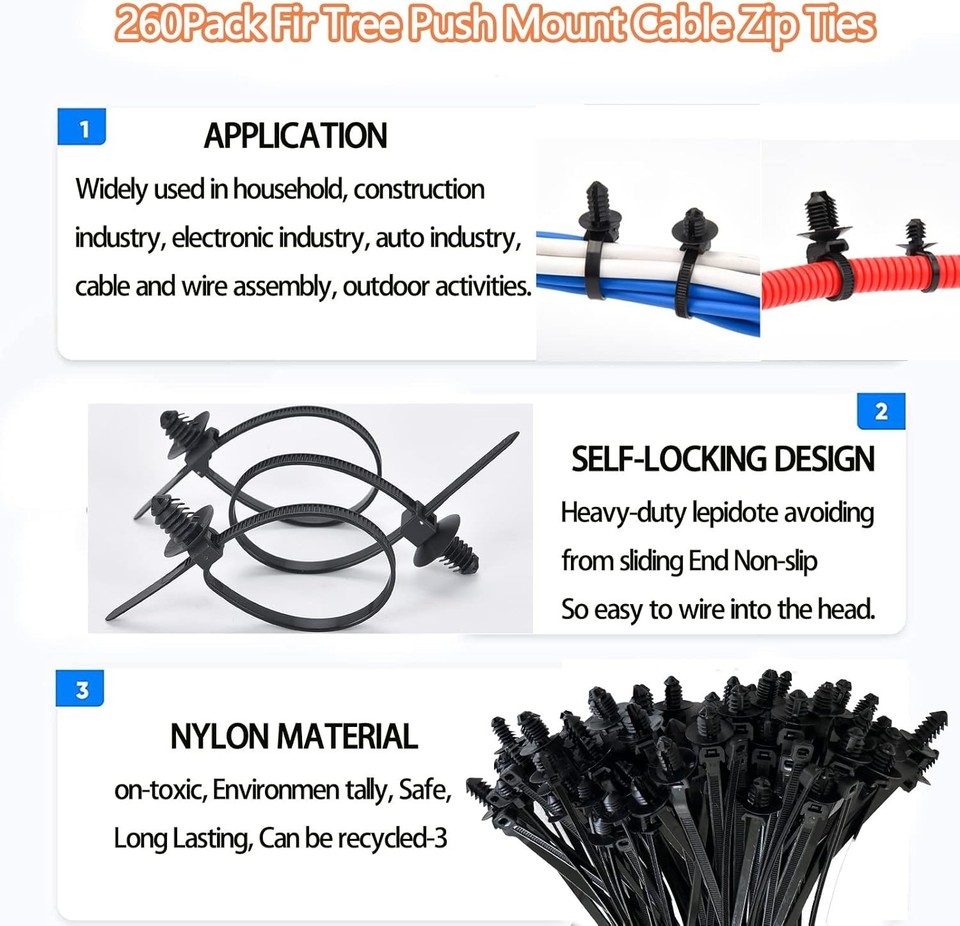 Durable Nylon Zip Ties: 260Pcs Push Mount, 9 Sizes, Auto & Construction ...