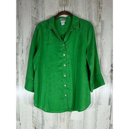 Chicos Linen Top Size 0 or Small Oversized Button Up 3/4 Sleeve Kelly ...