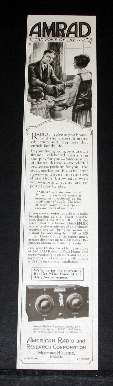 1923 OLD MAGAZINE PRINT AD, AMERICAN RADIO & RESEARCH, AMRAD, VOICE ON ...