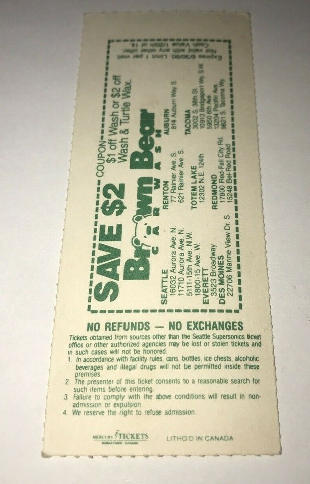 3/14/90 Seattle Supersonics Charlotte Hornets Torn NBA Game Season ...
